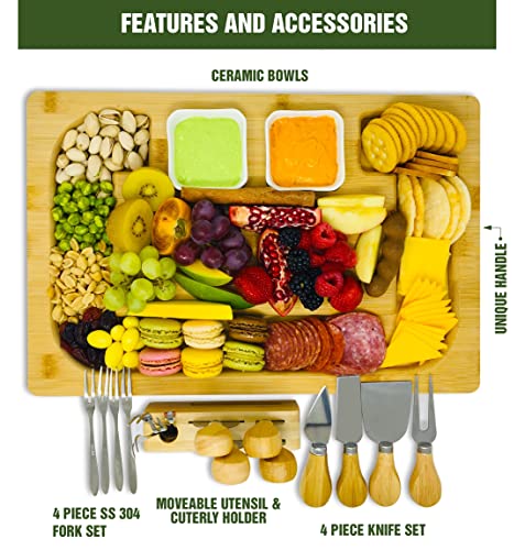 PandPal Charcuterie Cheese Board Set with Bonus Knives, Bowls, and Forks β Reversible Extra Large Bamboo Board & Serving Tray with Deep Grooves and Easy Handles