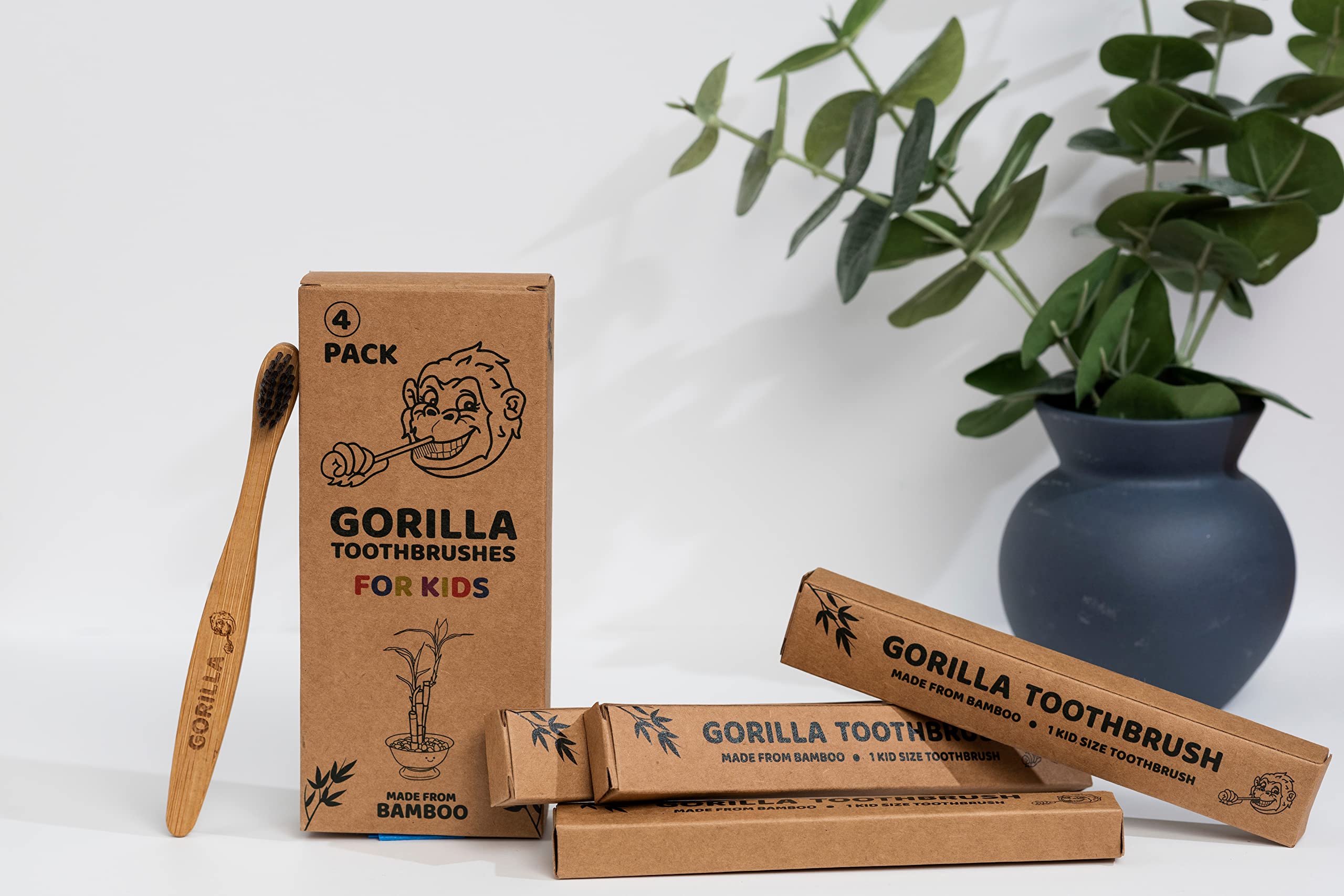 Kid's 4 Pack - Gorilla Bamboo Toothbrush Soft Natural Bristle for Sensitive Gums - Eco Friendly Recyclable Biodegradable Sustainable Products Helping to Save The Planet - One Toothbrush at a Time