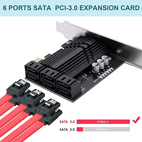 PCIe x1 SATA Card 6 Port, SATA 3.0 Controller Expansion Card with 6 SATA Cables & Low Profile Bracket,SATA III PCIE Gen3 Adapter(6Gbps) ASM1166 Chip, Plug and Play on Windows, MAC OS, Linux System