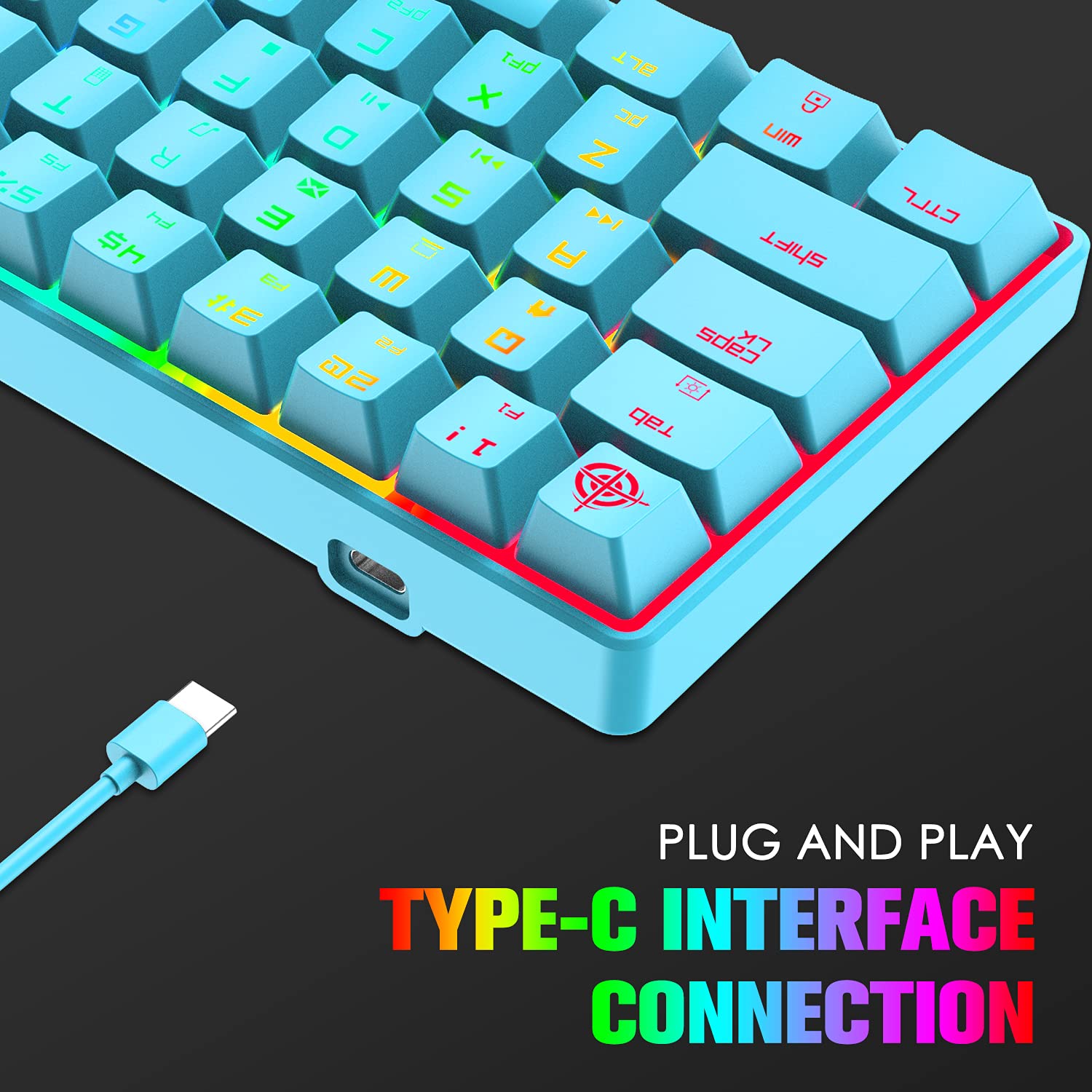 MAGIC-REFINER 60% RGB Mini Mechanical Gaming Keyboard,Portable 68 Keys,Blue Switches,Detachable USB Type-C Cable,TKL Keyboard with Two Keycaps for Windows Gaming PC(Blue)