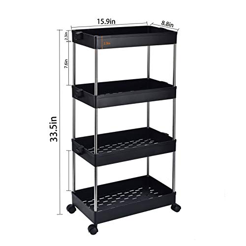 AHXML 4-Tier Storage Cart Rolling Utility Cart Storage Shelf Rack Mobile Storage Organizer Shelving for Office, Kitchen, Bedroom, Bathroom, Laundry Room & Dressers, Plastic & Stainless Steel, Black