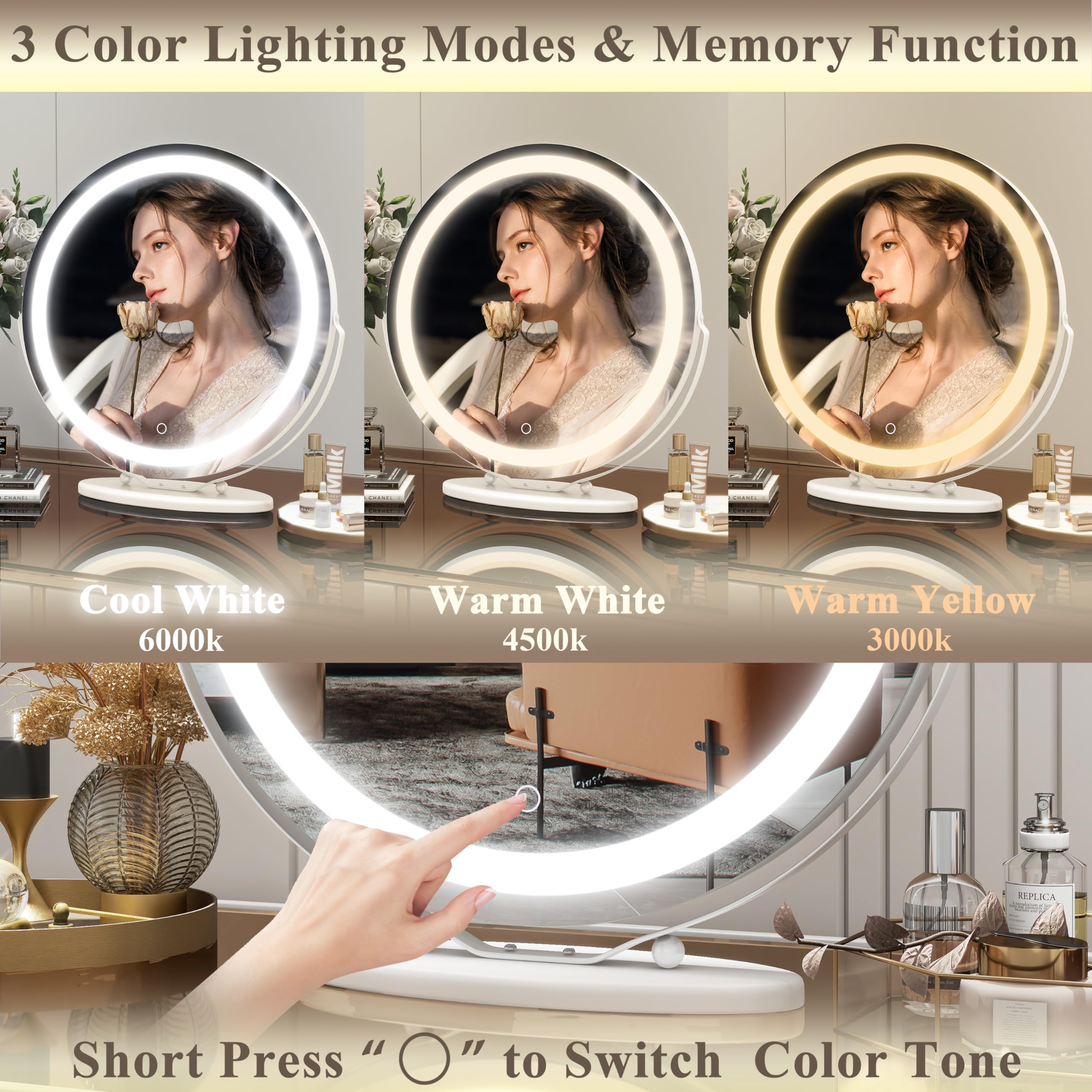 Vierose 20 inch Large Vanity Makeup Mirror with Lights, 3 Color Lighting Modes | Round Lighted Up Makeup Mirror with Dimming LED Halo for Dressing Room & Bedroom Tabletop, Touch Control (White)