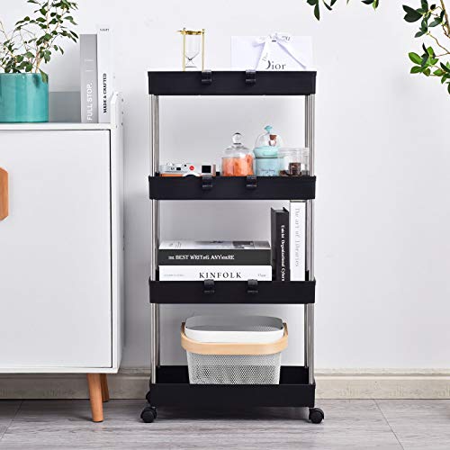 AHXML 4-Tier Storage Cart Rolling Utility Cart Storage Shelf Rack Mobile Storage Organizer Shelving for Office, Kitchen, Bedroom, Bathroom, Laundry Room & Dressers, Plastic & Stainless Steel, Black