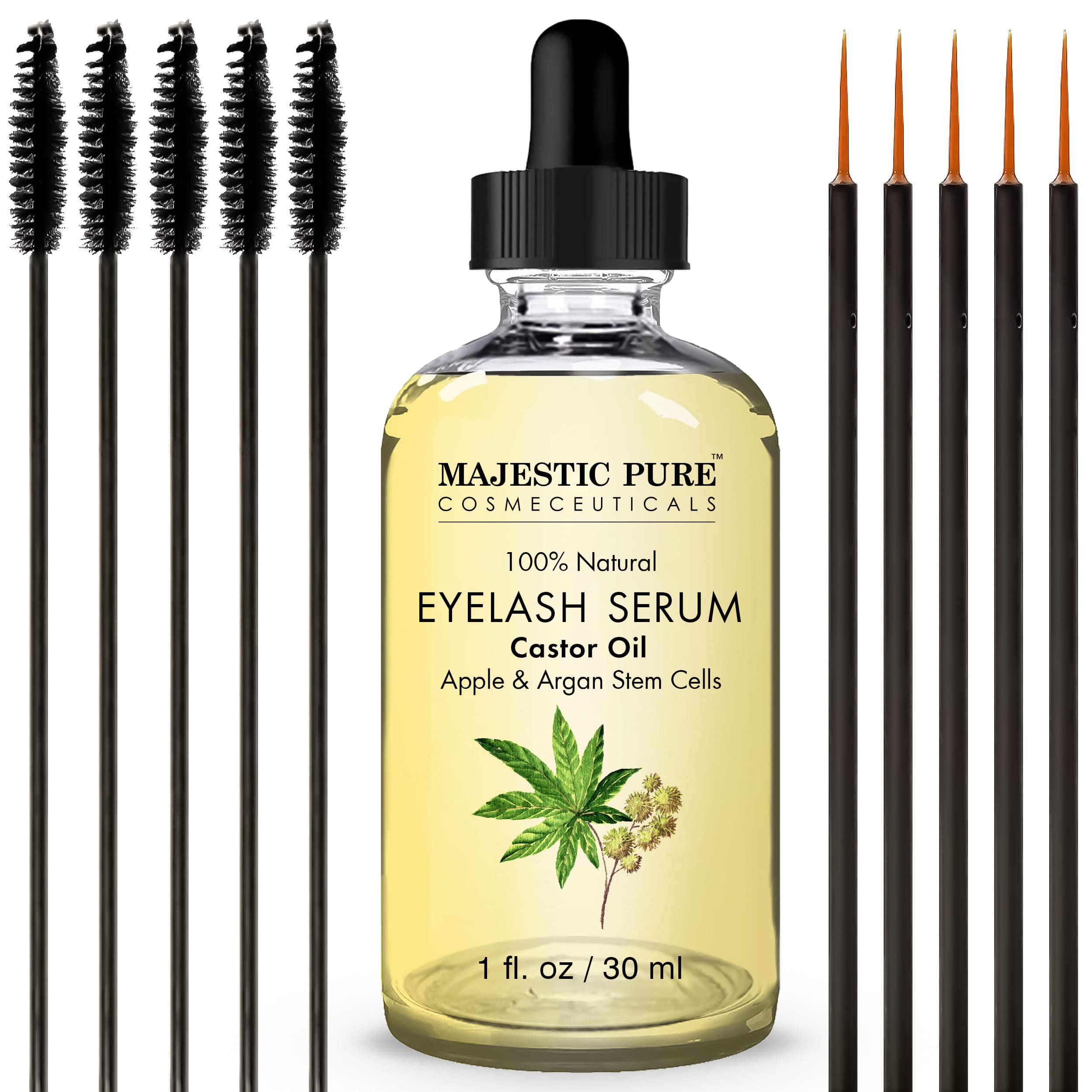 Majestic Pure Castor Oil Eyelash Serum - with Apple & Argan Stem Cells - Eyelash Growth Serum for longer thicker Eyelashes, Eyebrows & Hair - Free Set of Mascara Brush & Eyeliner Applicator - 1 fl oz