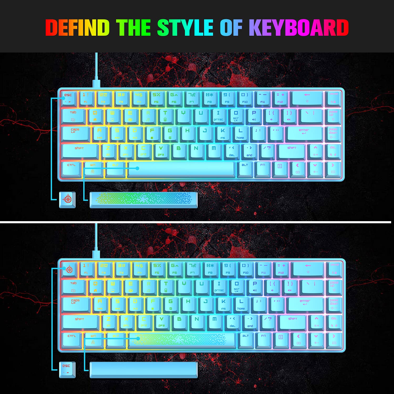 MAGIC-REFINER 60% RGB Mini Mechanical Gaming Keyboard,Portable 68 Keys,Blue Switches,Detachable USB Type-C Cable,TKL Keyboard with Two Keycaps for Windows Gaming PC(Blue)