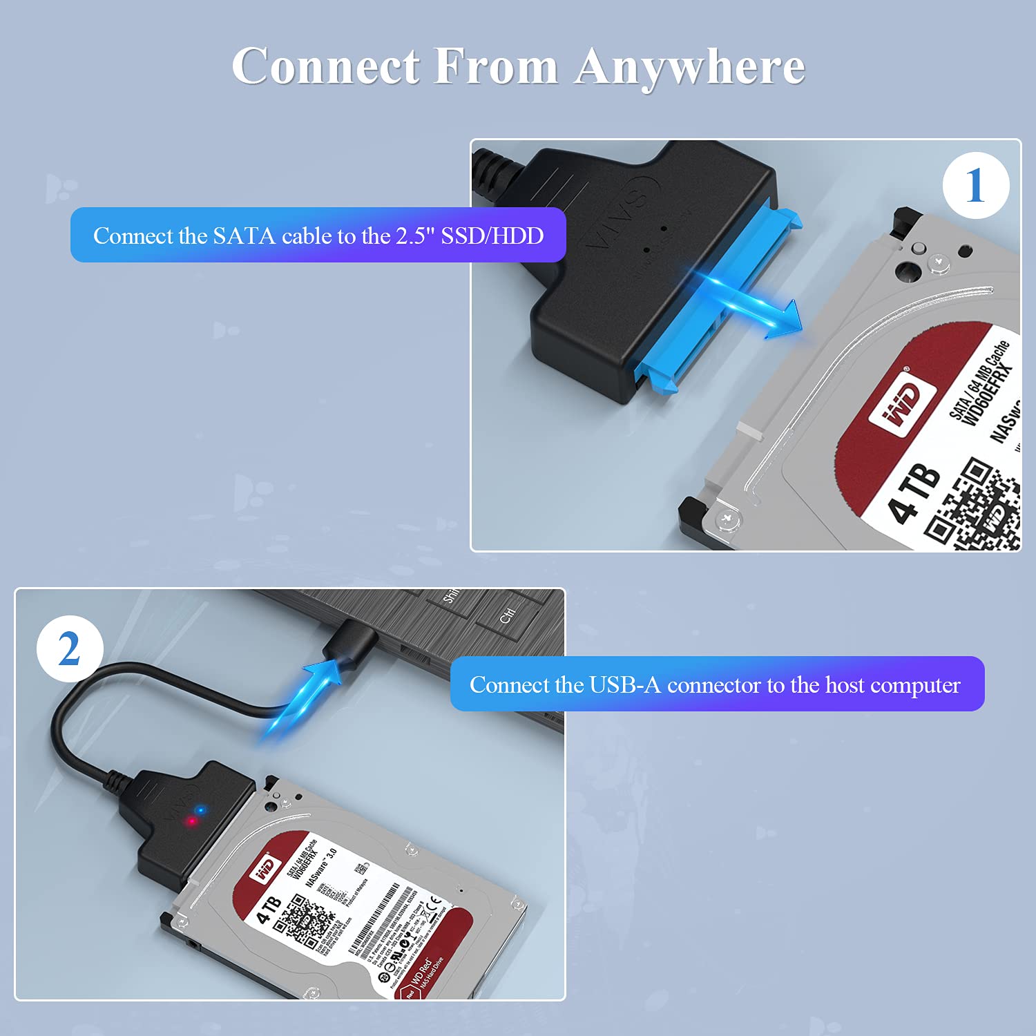 WAVLINK SATA to USB Cable, USB 3.0 to 2.5” SATA III Hard Drive Adapter, SATA 3 to USB A Adapter, External Converter for SSD/HDD Data Transfer, Support UASP