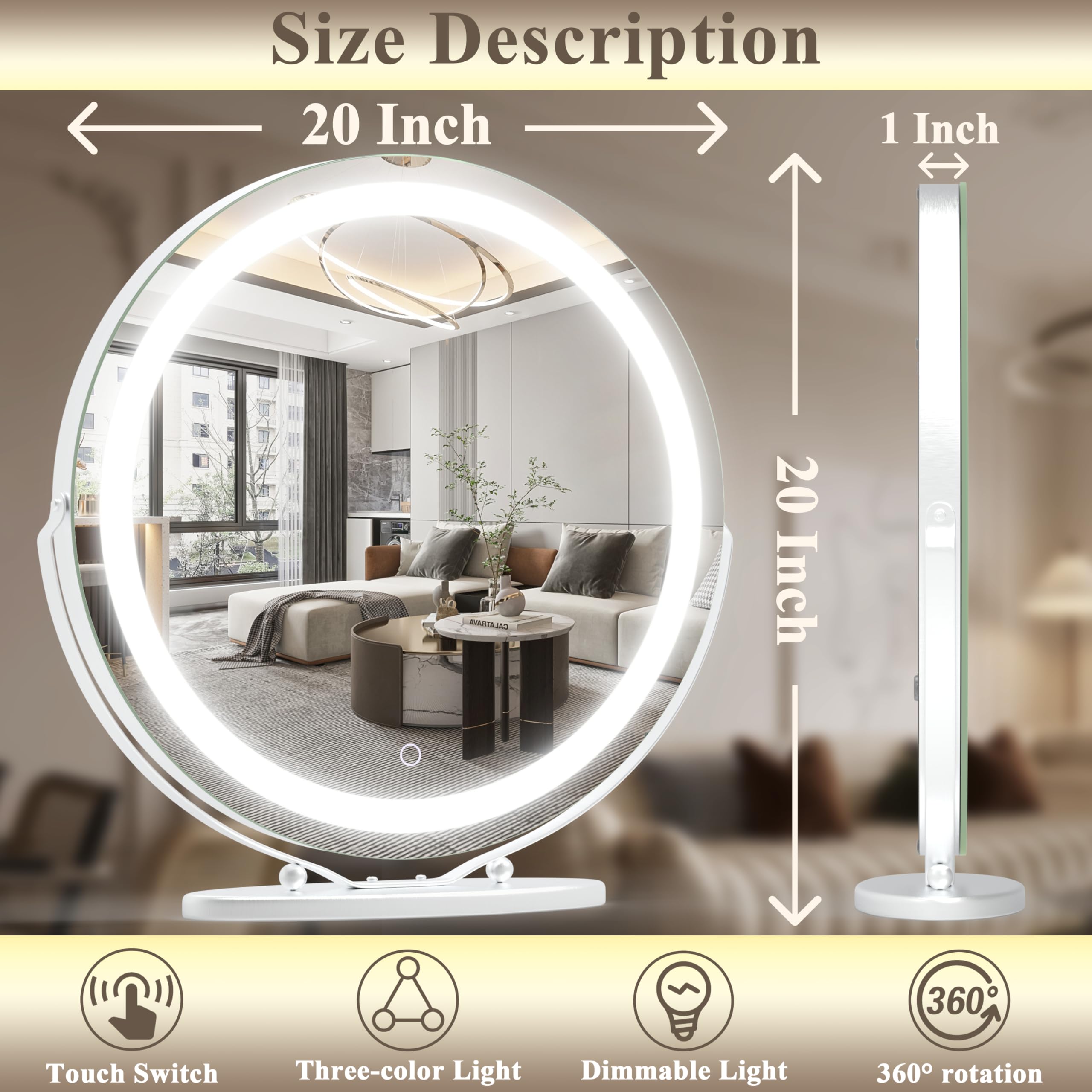 Vierose 20 inch Large Vanity Makeup Mirror with Lights, 3 Color Lighting Modes | Round Lighted Up Makeup Mirror with Dimming LED Halo for Dressing Room & Bedroom Tabletop, Touch Control (White)