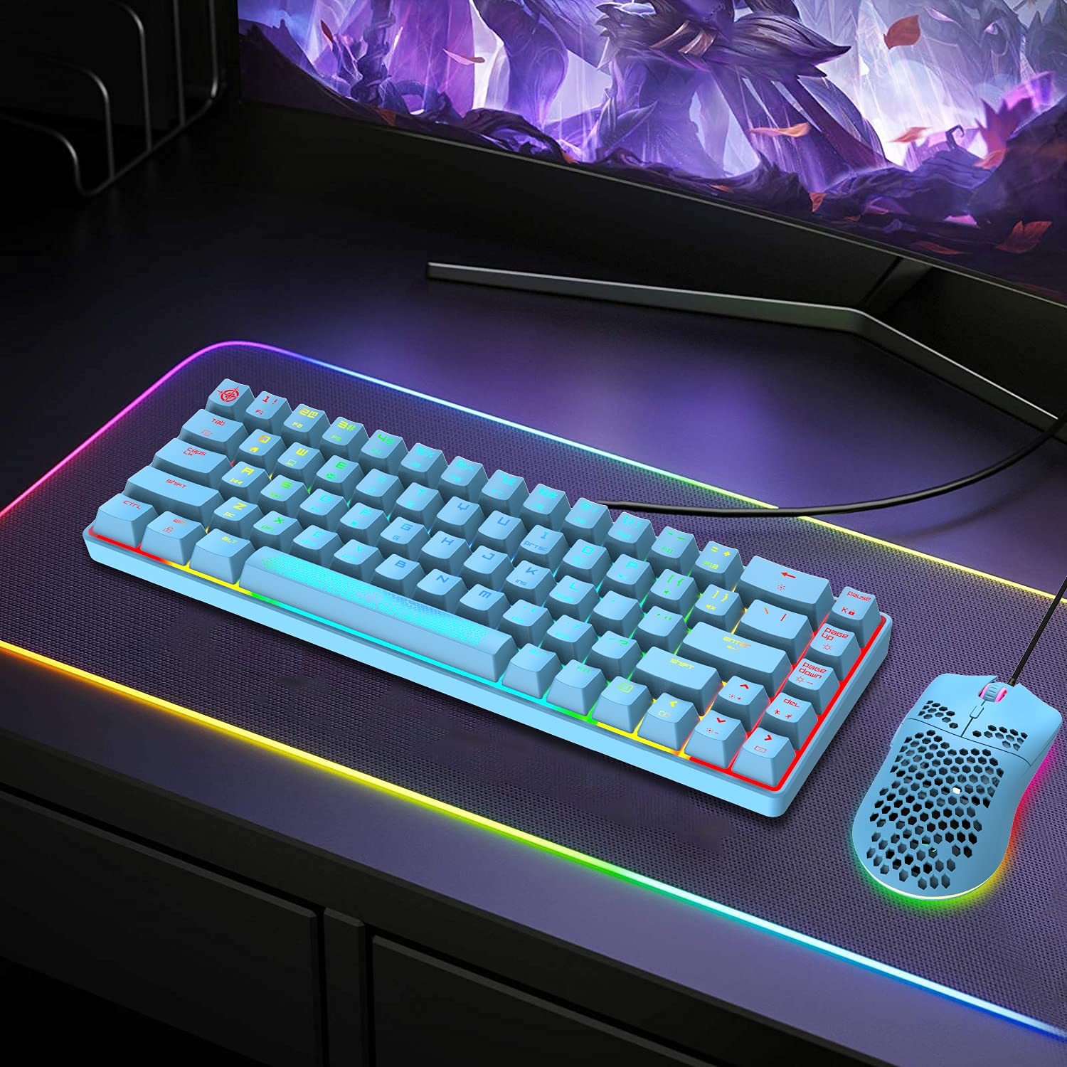 MAGIC-REFINER 60% RGB Mini Mechanical Gaming Keyboard,Portable 68 Keys,Blue Switches,Detachable USB Type-C Cable,TKL Keyboard with Two Keycaps for Windows Gaming PC(Blue)