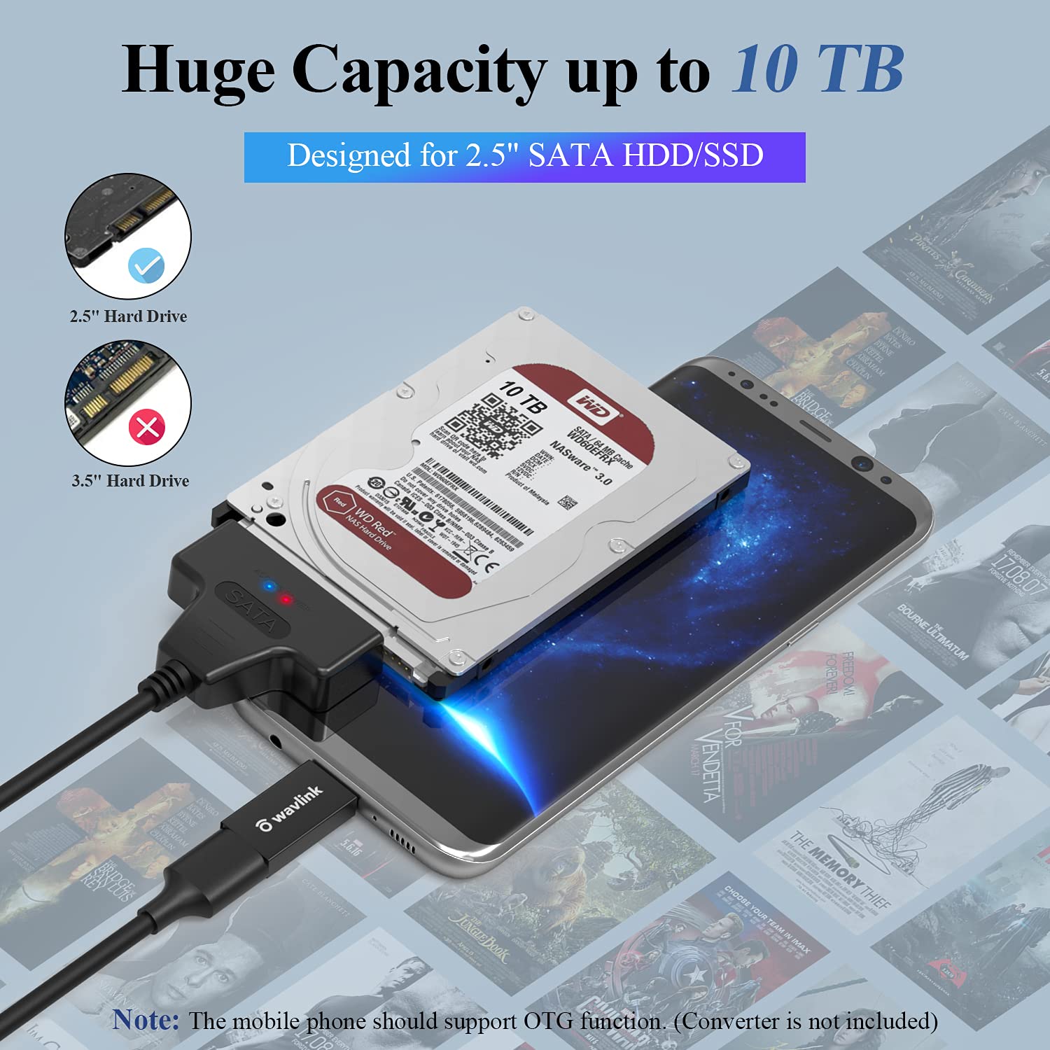 WAVLINK SATA to USB Cable, USB 3.0 to 2.5” SATA III Hard Drive Adapter, SATA 3 to USB A Adapter, External Converter for SSD/HDD Data Transfer, Support UASP