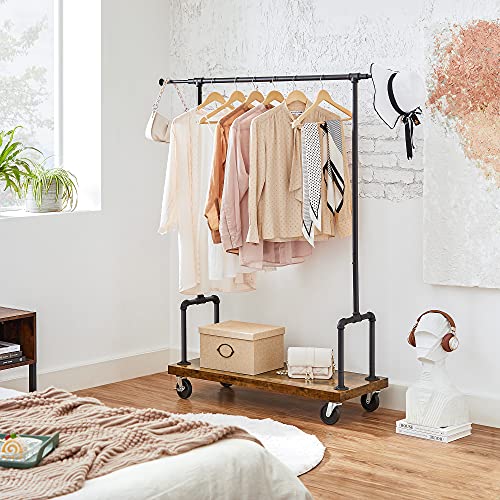 VASAGLE Rolling Clothes Rack, Garment Rack for Hanging Clothes with Wheels, Hanging Rail and Shelf, Heavy-Duty, Industrial Pipe Design, Rustic Brown and Black URGR110B01