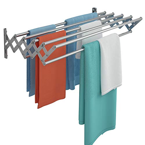 qurutma Wall Mounted Clothes Drying Rack,Stainless Steel Accordion Retractable Drying Rack for Laundry Room/Bathroom TowerďźEasy to Install 31-inch Rod, 60 lb Capacity- Indoor and Outdoor Use