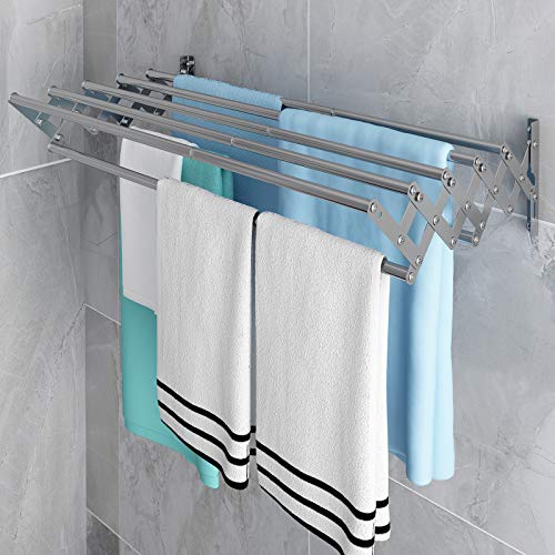 qurutma Wall Mounted Clothes Drying Rack,Stainless Steel Accordion Retractable Drying Rack for Laundry Room/Bathroom Tower,Easy to Install 31-inch Rod, 60 lb Capacity- Indoor and Outdoor Use