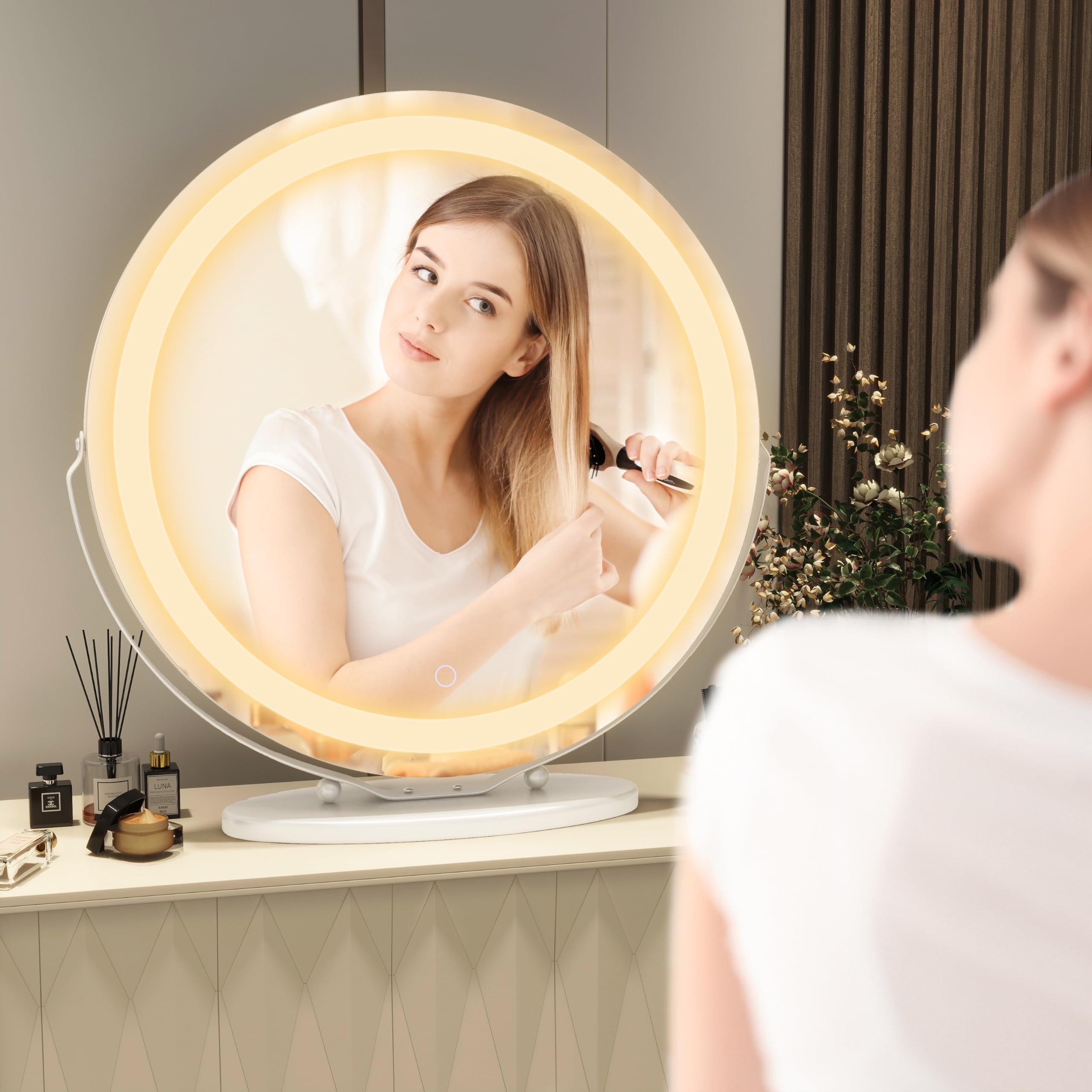 Vierose 20 inch Large Vanity Makeup Mirror with Lights, 3 Color Lighting Modes | Round Lighted Up Makeup Mirror with Dimming LED Halo for Dressing Room & Bedroom Tabletop, Touch Control (White)