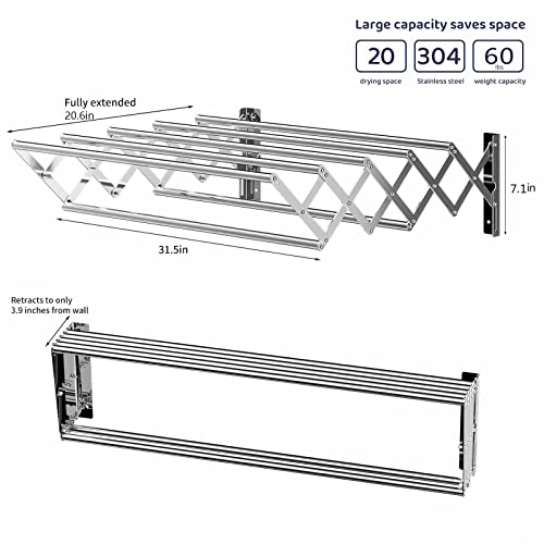qurutma Wall Mounted Clothes Drying Rack,Stainless Steel Accordion Retractable Drying Rack for Laundry Room/Bathroom Tower,Easy to Install 31-inch Rod, 60 lb Capacity- Indoor and Outdoor Use