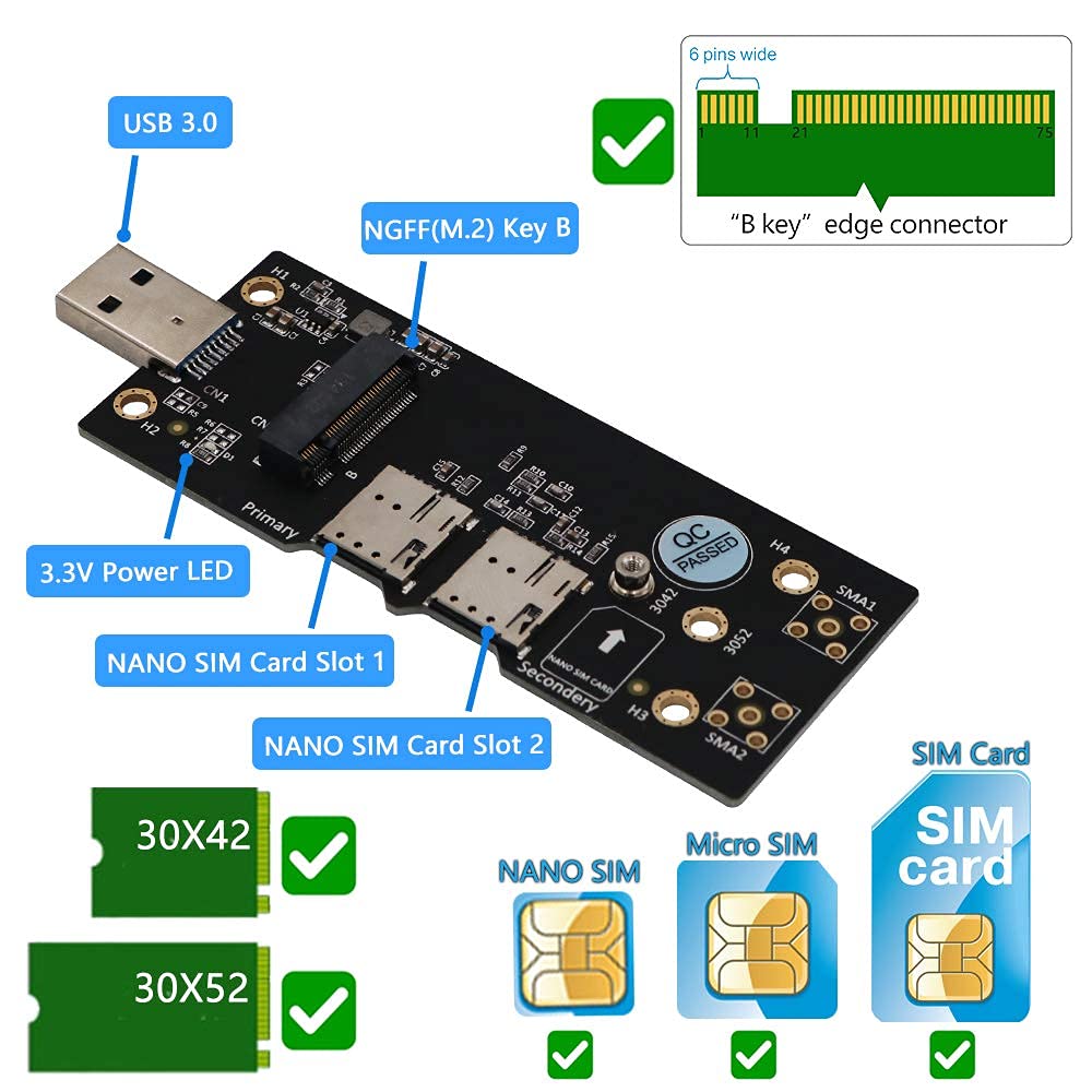 NGFF(M.2) to USB 3.0 Adapter with Dual Nano SIM Card Slot for 3G/4G/5G Module