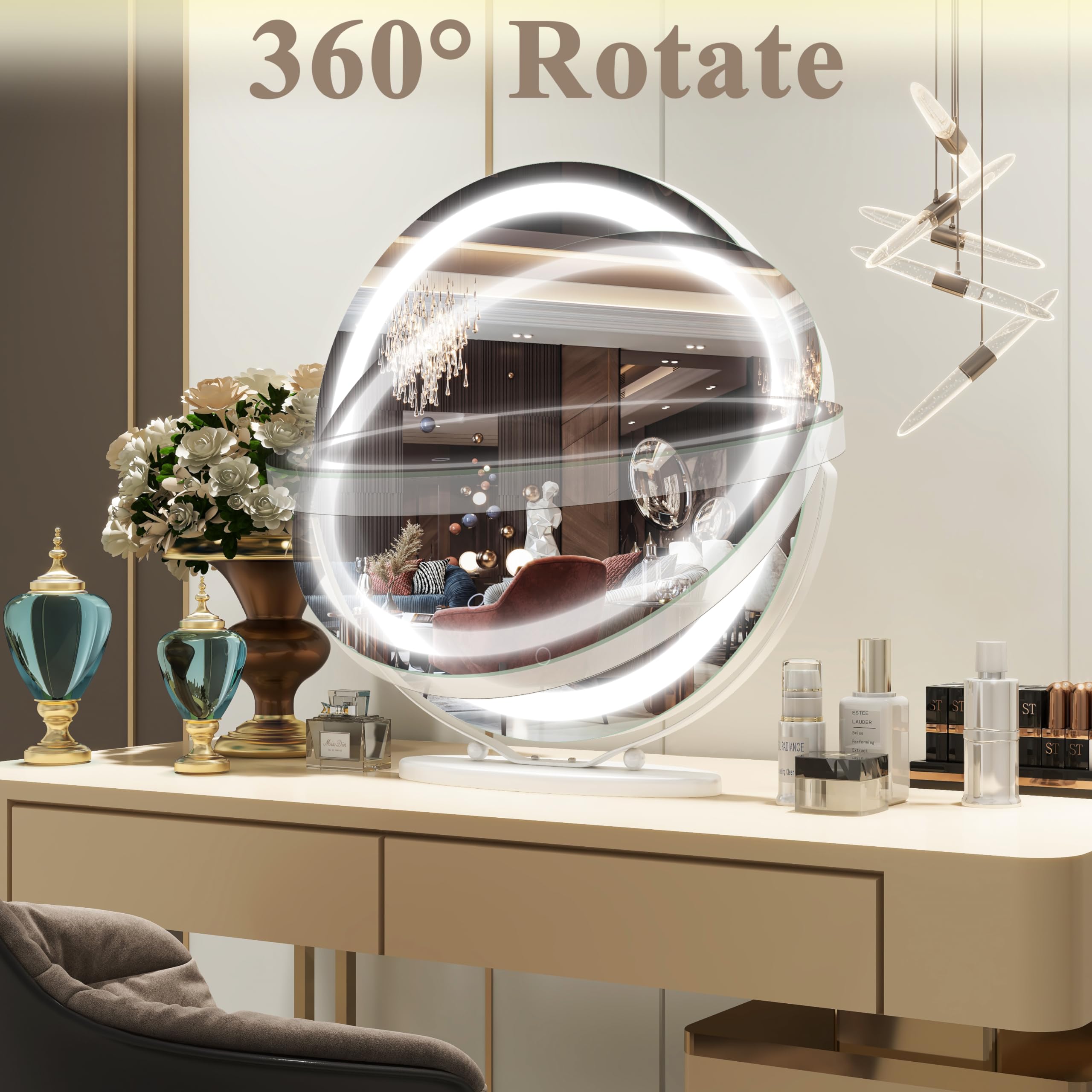 Vierose 20 inch Large Vanity Makeup Mirror with Lights, 3 Color Lighting Modes | Round Lighted Up Makeup Mirror with Dimming LED Halo for Dressing Room & Bedroom Tabletop, Touch Control (White)