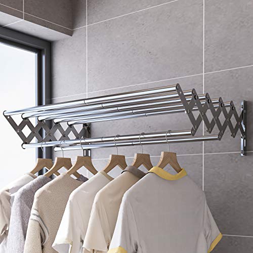 qurutma Wall Mounted Clothes Drying Rack,Stainless Steel Accordion Retractable Drying Rack for Laundry Room/Bathroom Tower,Easy to Install 31-inch Rod, 60 lb Capacity- Indoor and Outdoor Use
