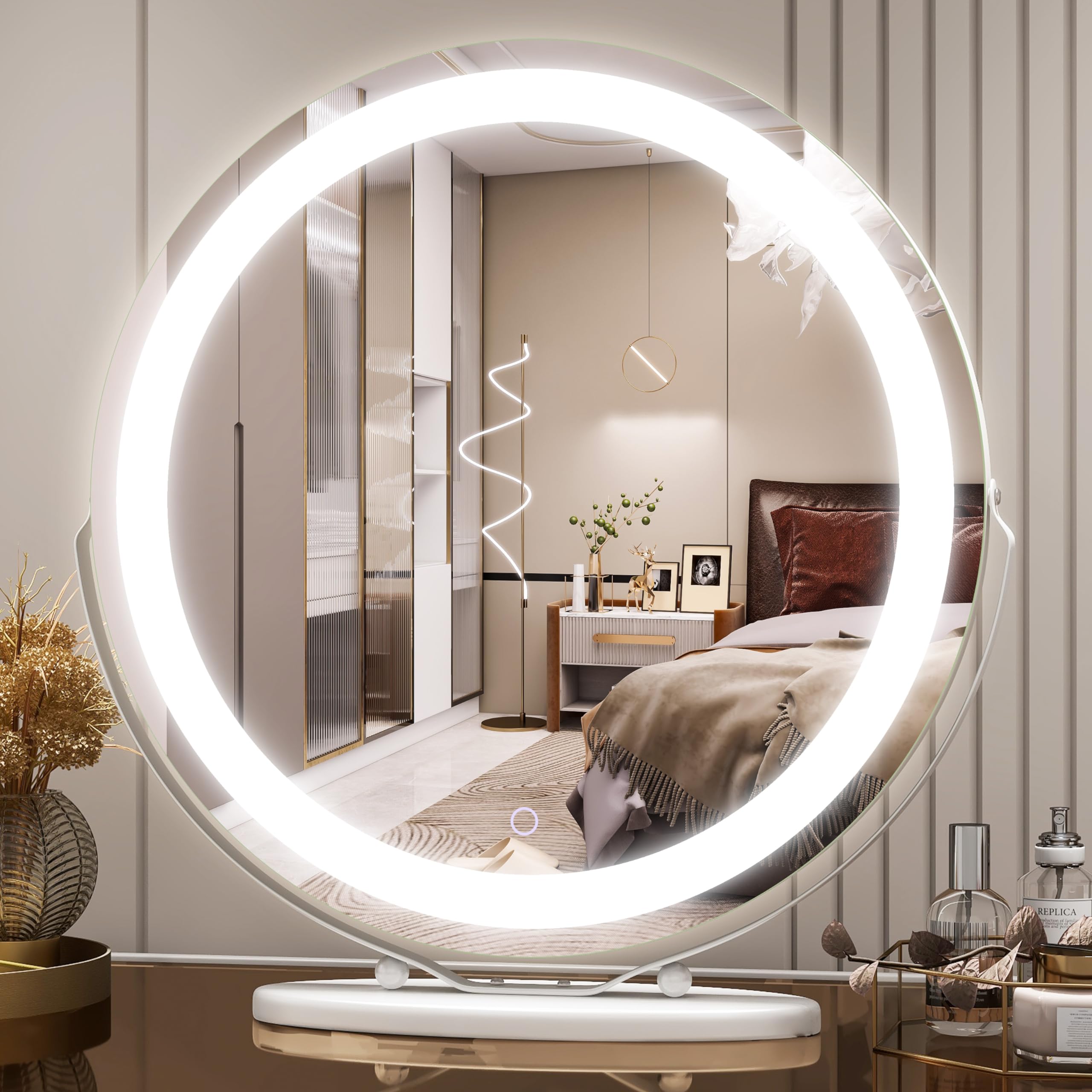 Vierose 20 inch Large Vanity Makeup Mirror with Lights, 3 Color Lighting Modes | Round Lighted Up Makeup Mirror with Dimming LED Halo for Dressing Room & Bedroom Tabletop, Touch Control (White)