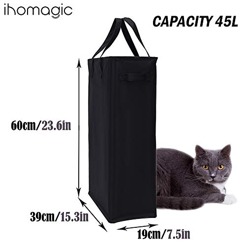 IHOMAGIC 45L Laundry Hamper, Slim Portable Laundry Washing Basket with Long Handles, Rectangular Thin Tall Laundry Bins Foldable Waterproof Oxford Fabric, Dirty Clothes Organizer for Bedroom (Black)