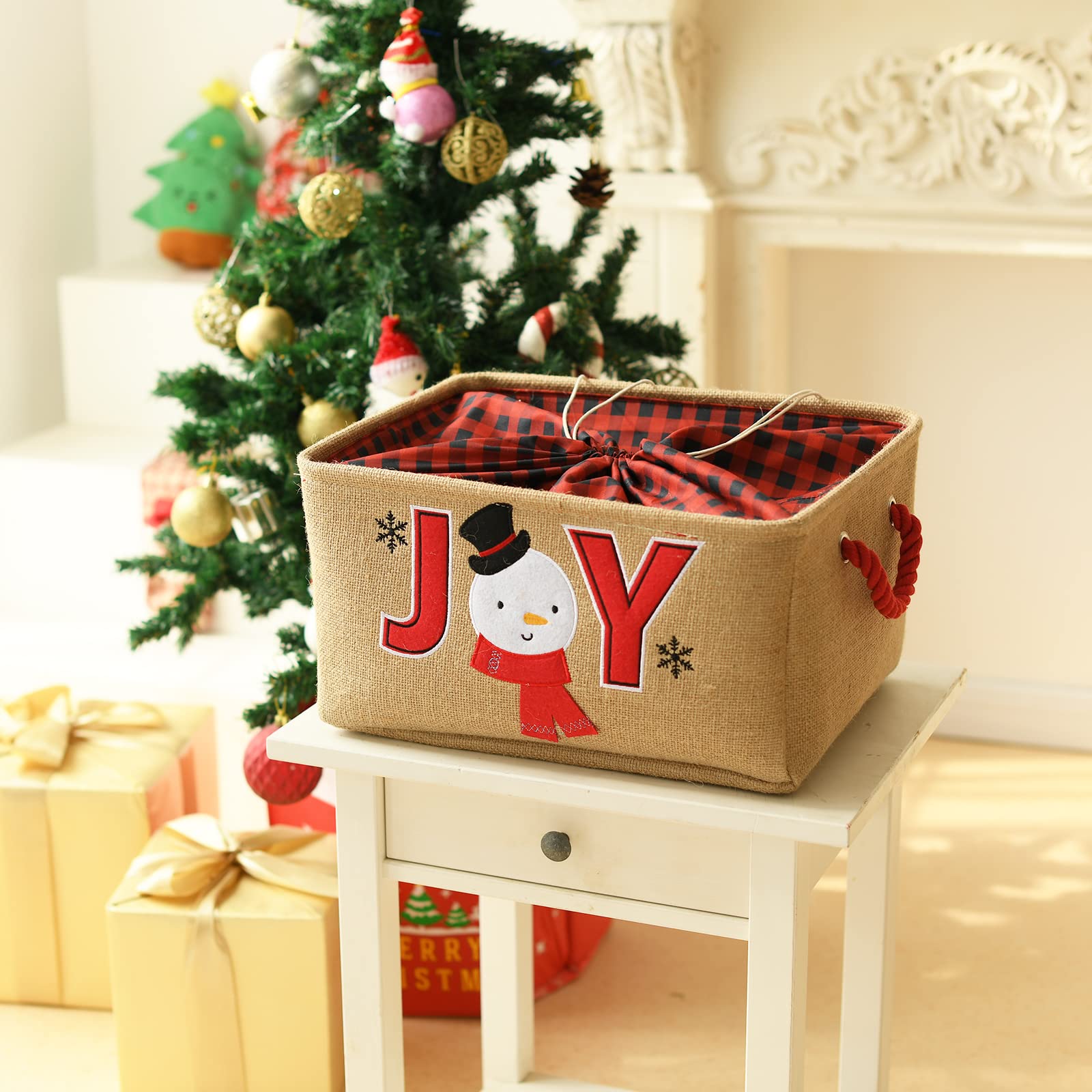 INough Gift Baskets Empty Large Christmas Basket Christmas Empty Christmas Gift Baskets with Handles Collapsible Christmas Storage Baskets, Holiday Baskets for Kidsroom Nursery Play Room (Large, Joy)