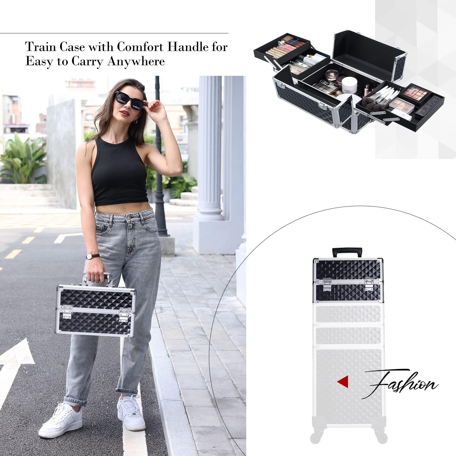 Adazzo 4 in 1 Rolling Makeup Case Cosmetic Train Case Trolley Roll Travel Box for Makeup Artist, Hairstylists, Nail Tech Makeup Cart with Key Swivel Wheels Barber Case Traveling Trunk Black