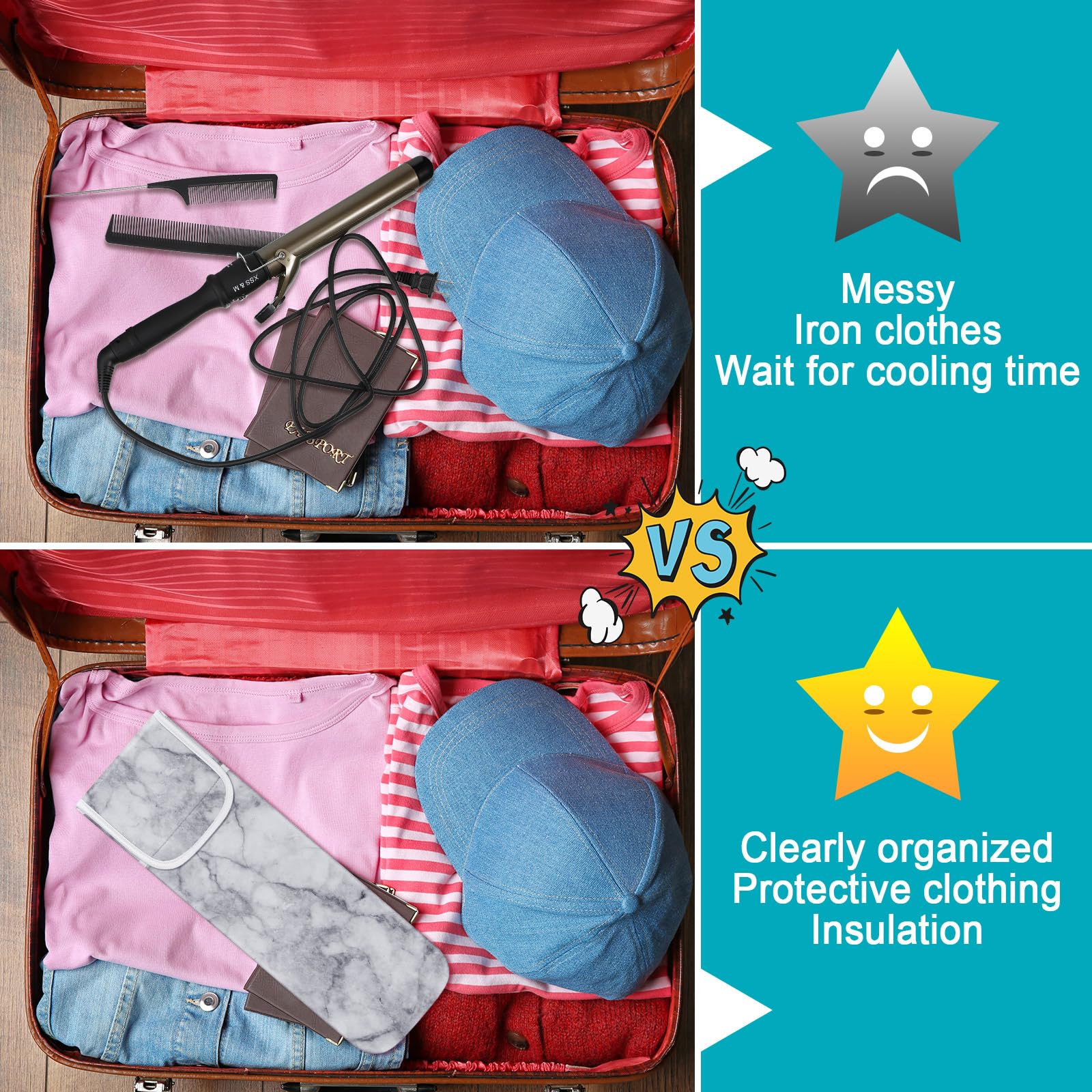 Shappy 2 Pieces Flat Iron Travel Case Heat Resistant Curling Iron Holder Cover Travel Sleeve Neoprene Straightener Holder and Silicone Hot Tools Flat Bag(Marble Style)