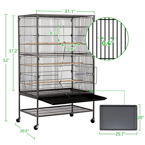 Jhsomdr Bird Cage 52 Inch Standing Wrought Iron Large Parrot Cage for Cockatiels African Grey Quaker Parrotlet Green Cheek Indian Ring Neck Pigeons Parakeets Flight Cage with Rolling Stand