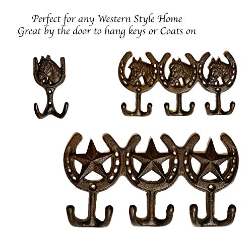 Urbalabs Western Cast Iron Rustic Country Wall Hooks Coat or Key Holder Wall Hook Mounted Decorative for Hats, Coats, Keys, Towels, Mudroom, Entryway, Mancave, Garage Bronze Finish (3 Horse Shoe Star)
