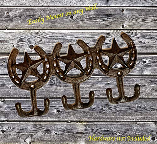 Urbalabs Western Cast Iron Rustic Country Wall Hooks Coat or Key Holder Wall Hook Mounted Decorative for Hats, Coats, Keys, Towels, Mudroom, Entryway, Mancave, Garage Bronze Finish (3 Horse Shoe Star)