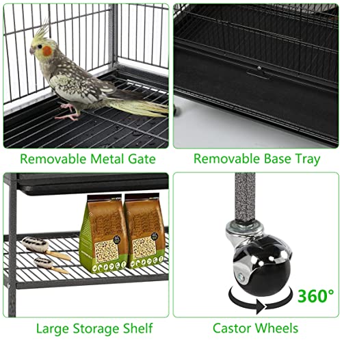 Jhsomdr Bird Cage 52 Inch Standing Wrought Iron Large Parrot Cage for Cockatiels African Grey Quaker Parrotlet Green Cheek Indian Ring Neck Pigeons Parakeets Flight Cage with Rolling Stand