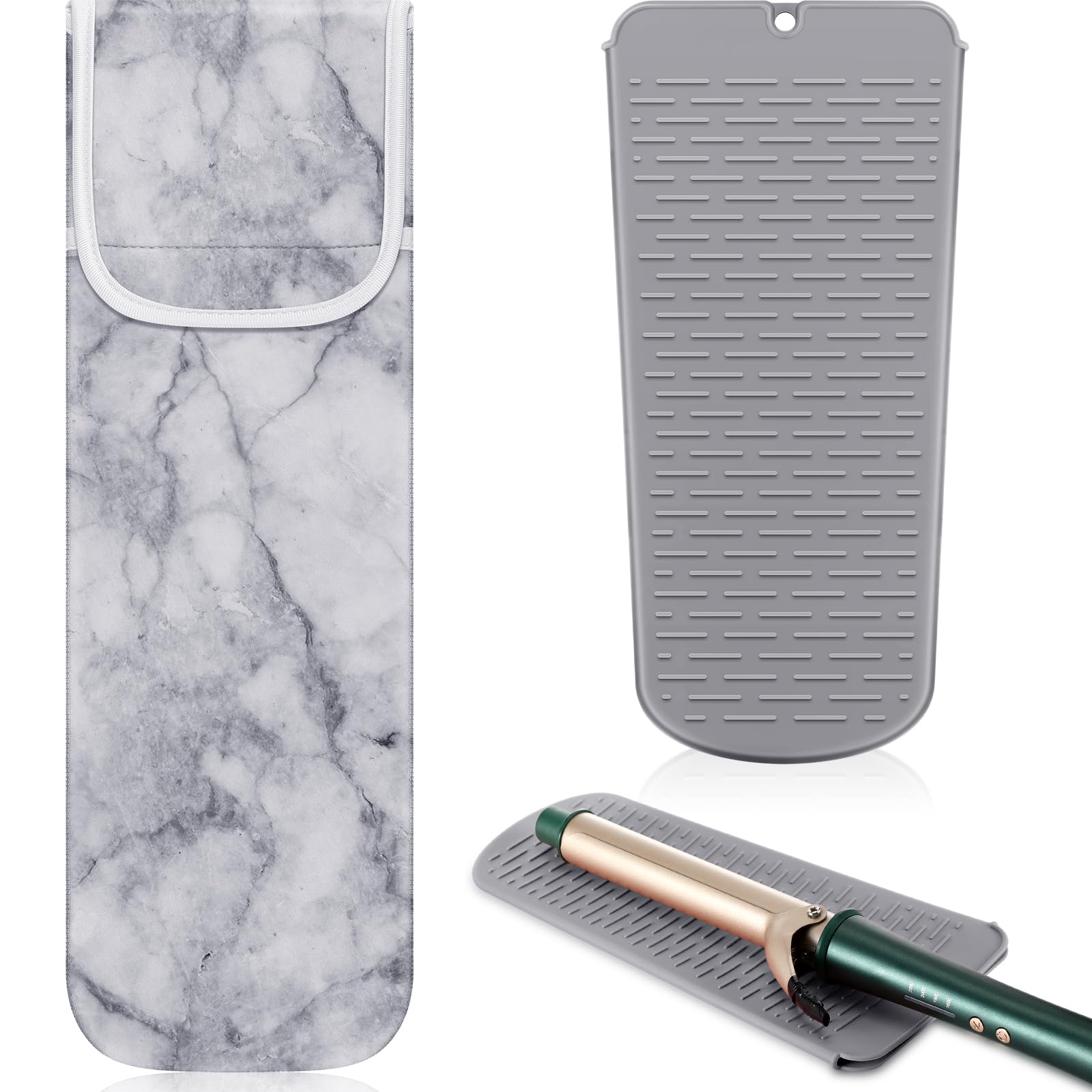Shappy 2 Pieces Flat Iron Travel Case Heat Resistant Curling Iron Holder Cover Travel Sleeve Neoprene Straightener Holder and Silicone Hot Tools Flat Bag(Marble Style)