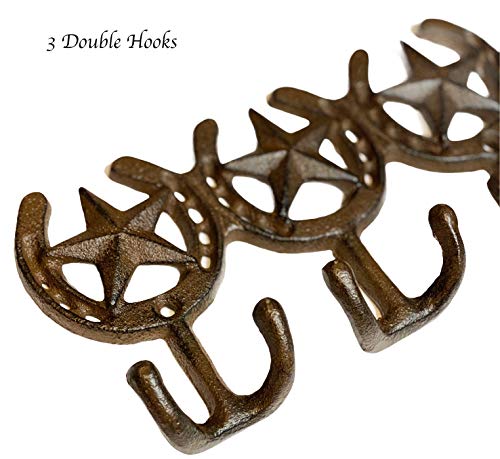 Urbalabs Western Cast Iron Rustic Country Wall Hooks Coat or Key Holder Wall Hook Mounted Decorative for Hats, Coats, Keys, Towels, Mudroom, Entryway, Mancave, Garage Bronze Finish (3 Horse Shoe Star)