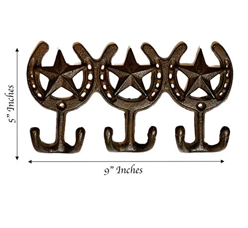 Urbalabs Western Cast Iron Rustic Country Wall Hooks Coat or Key Holder Wall Hook Mounted Decorative for Hats, Coats, Keys, Towels, Mudroom, Entryway, Mancave, Garage Bronze Finish (3 Horse Shoe Star)