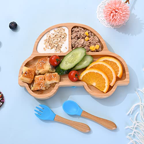 Car Bamboo Suction Plate Divider Feeding Plate for Toddlers and Babies (blue)