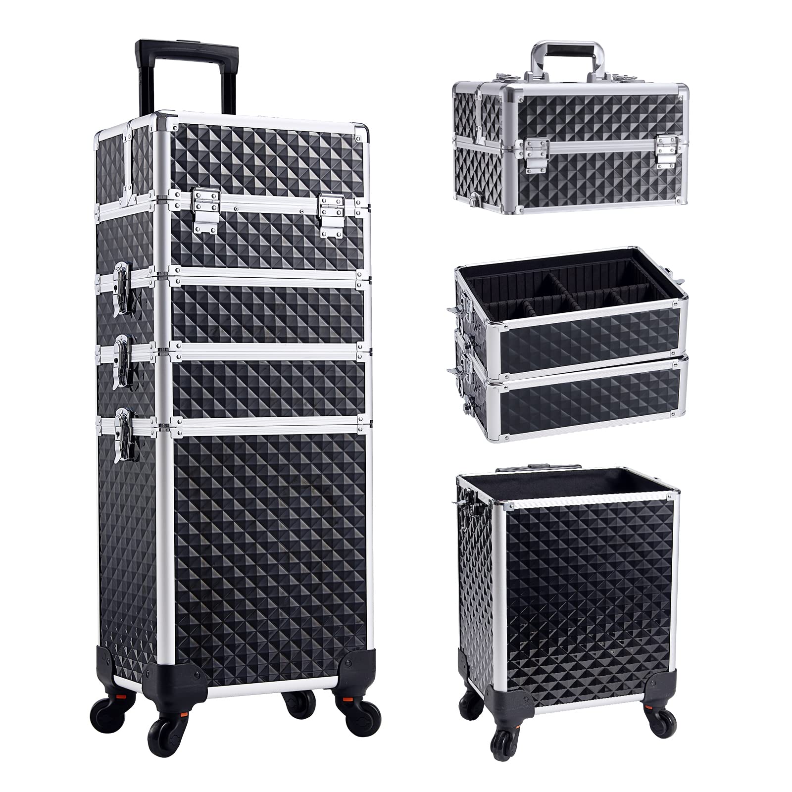 Adazzo 4 in 1 Rolling Makeup Case Cosmetic Train Case Trolley Roll Travel Box for Makeup Artist, Hairstylists, Nail Tech Makeup Cart with Key Swivel Wheels Barber Case Traveling Trunk Black