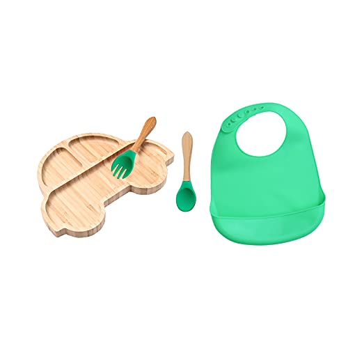 Ecokanji Car Bamboo Suction Plate Divider Feeding Plate for Toddlers and Babies（with green bib