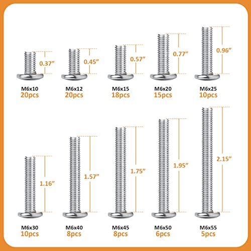 VIGRUE 120pcs Furniture Screws M6 x 10/12/15/20/25/30/40/45/50/55mm Elegant Design Furniture Connecting 304 Stainless Steel, Full Thread, Bright Finish, Machine Thread