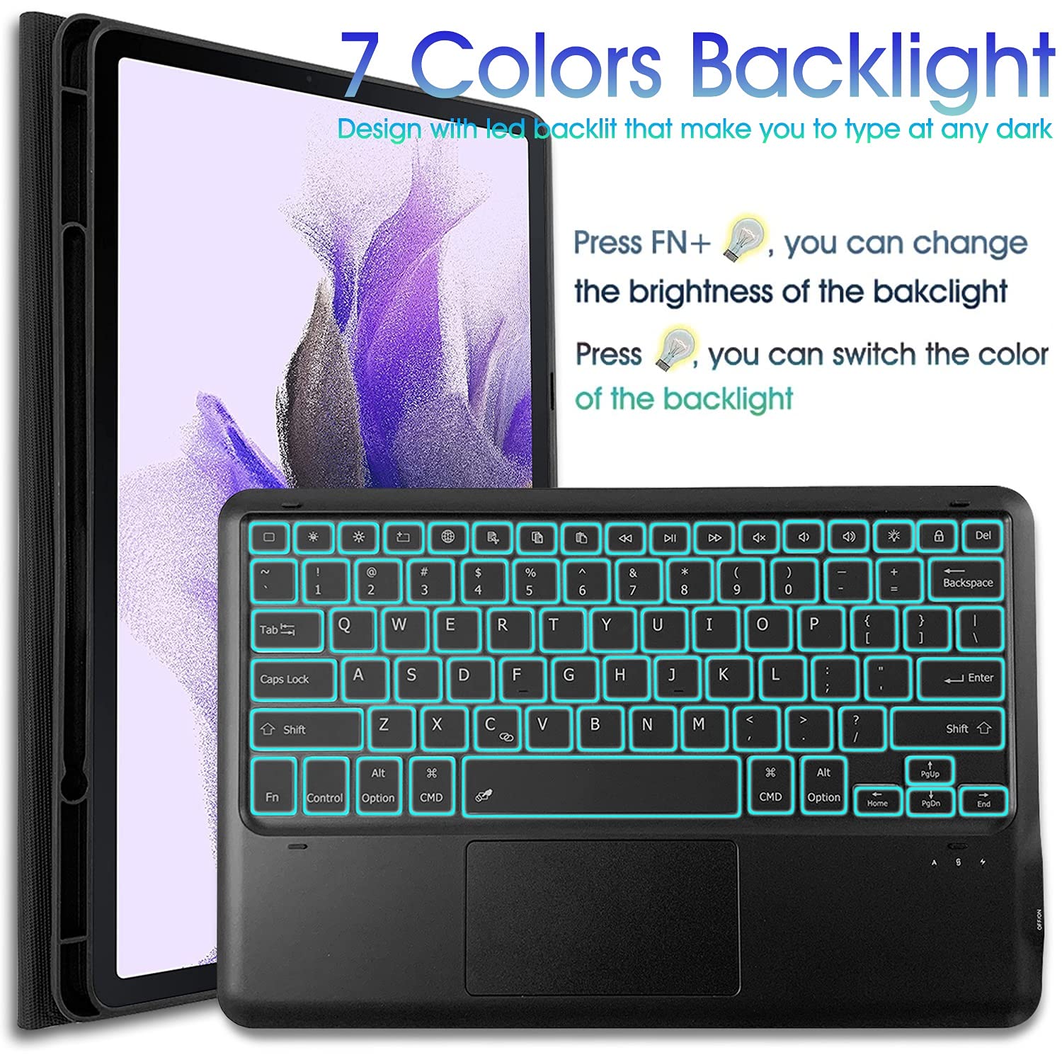 Nanhent Backlit Touchpad Keyboard Case for Samsung Galaxy Tab S8 Plus 2022 / S7 FE 2021 / S7 Plus 2020 12.4 Inch Tablet, Detachable Wireless Trackpad Keyboard & Slim PU Stand Cover with S Pen Holder