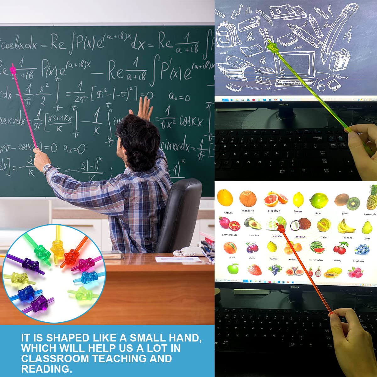 LNQ LUNIQI 20Pcs Teaching Pointers Reading Pointers Resin Presentation Finger Pointers Mixed Color Sticks for Teachers Aids, Kids of Ages 3+(Random Color)