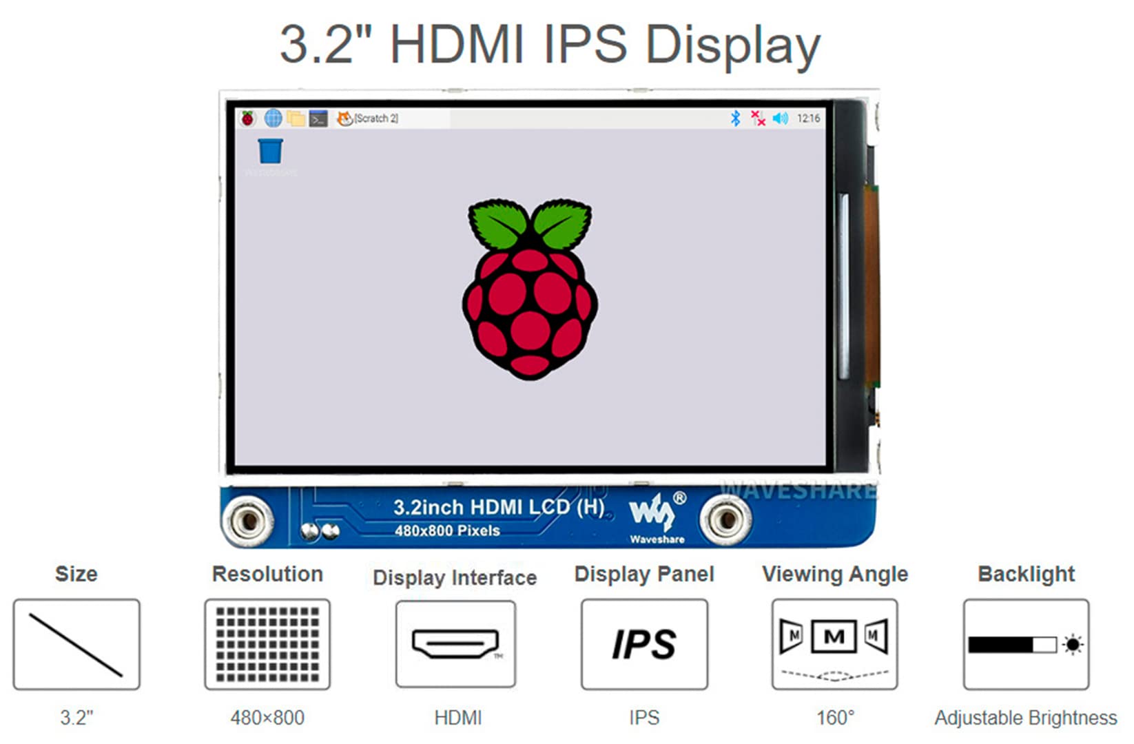 waveshare 3.2inch IPS LCD Display (H) for Raspberry Pi 4B/3B+/3B/2B/Zero/Zero W/Zero WH and Jetson Nano and Windows 11/10/8.1/8/7, 480×800 Pixel, Adjustable Brightness, No Touch