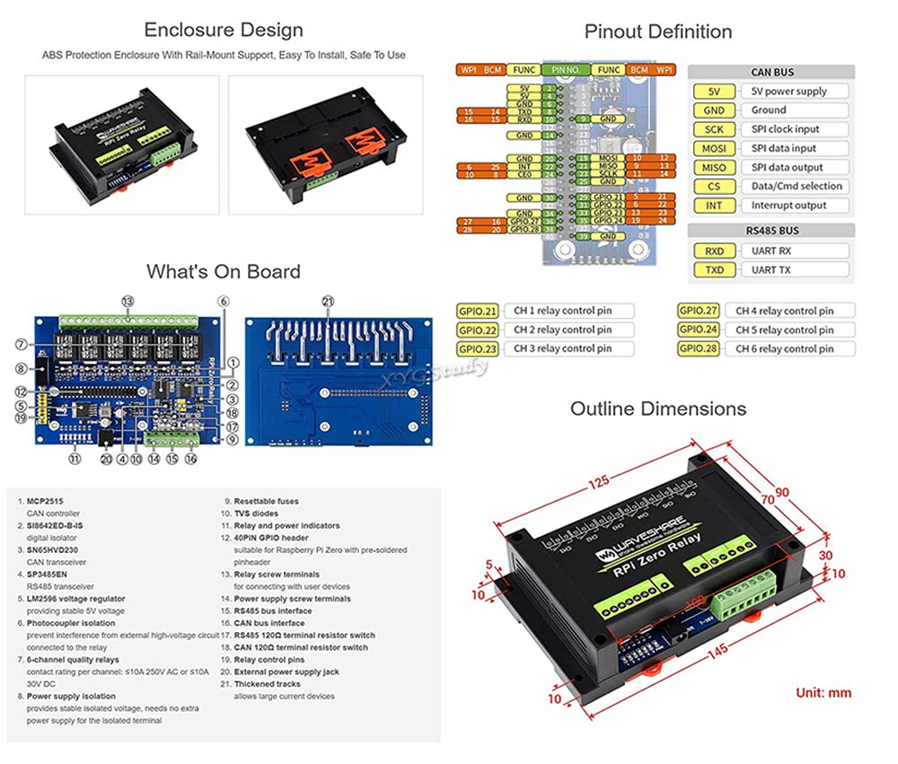 Industrial 6-Channel Relay Module for Raspberry Pi Zero WH with RS485/CAN Bus Power Supply & Photocoupler Isolation Protections @XYGStudy