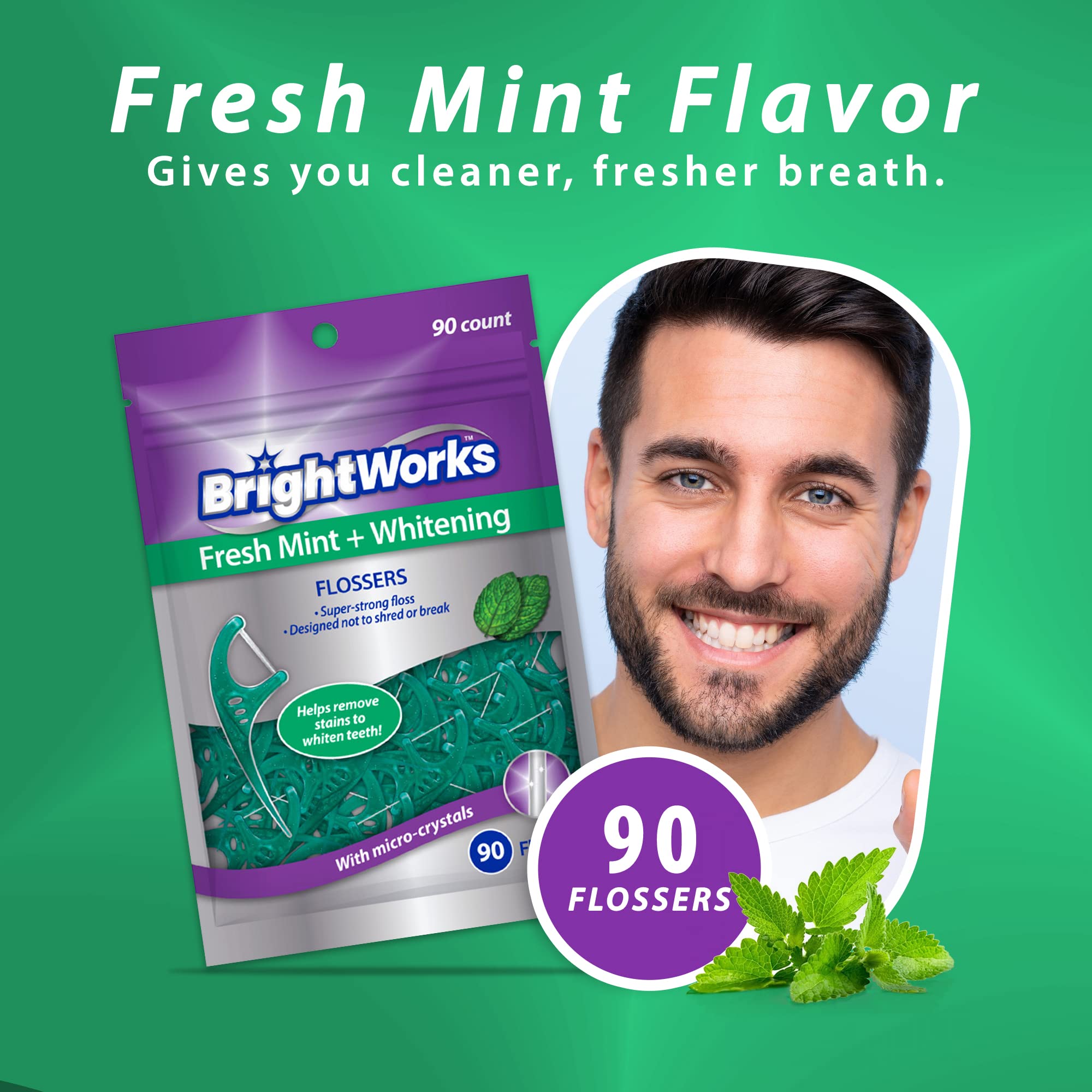 270 Piece BrightWorks Fresh Mint + Whitening Dental Flossers, with Super-Strong Floss for Adults, with Mint-Flavored Floss and Micro-Crystals, 90 Count (Pack of 3)