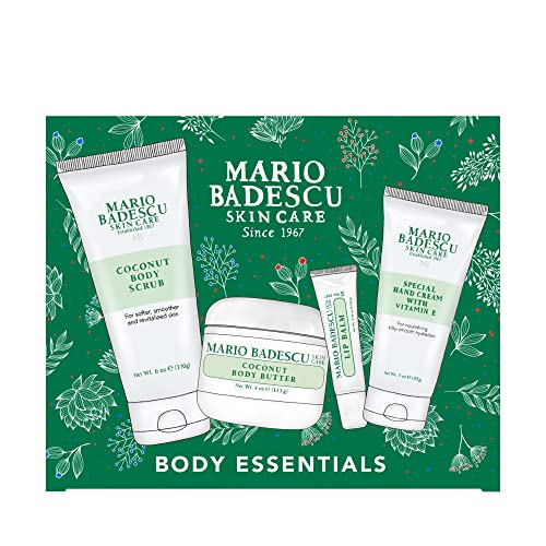 Mario Badescu Best of Body Essentials 4 Piece Kit, Skincare Gift Set Includes Lip Balm, Coconut Scrub, Coconut Body Butter & Special Hand Cream With Vitamin E