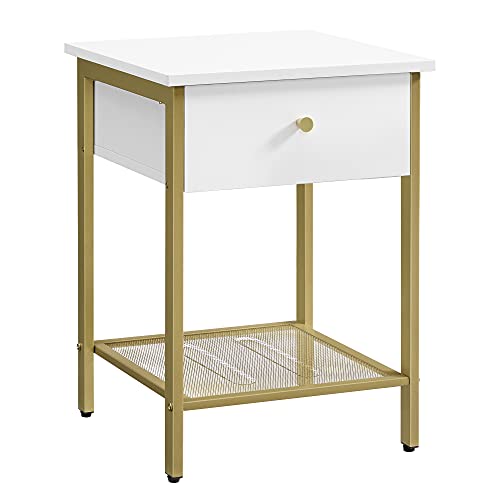 VASAGLE White Nightstand with Drawer, Bedside Table, End Table with Open Shelf, Modern Style for Bedroom, White and Gold ULET512A10