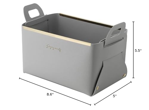 CHOMe Foldable Storage Boxes, Collapsible Sturdy Fabric Storage Basket Sturdy Faux Leather Handles-Large Organizer For Towels,Clothes, Shelves-8.6×5.5×5in, Grey