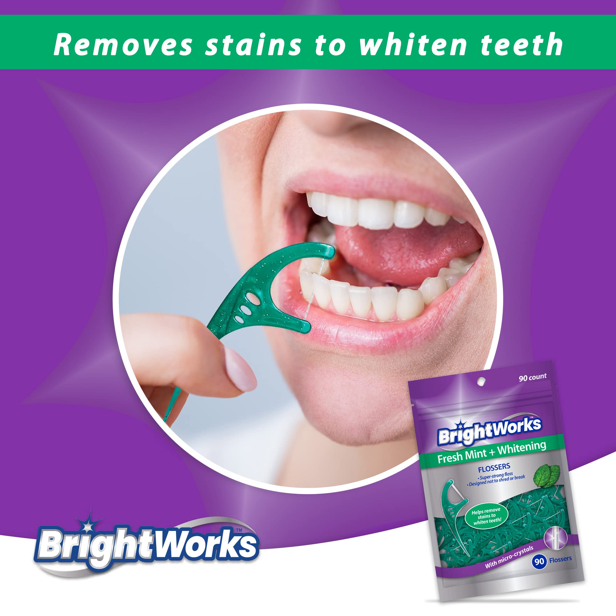 270 Piece BrightWorks Fresh Mint + Whitening Dental Flossers, with Super-Strong Floss for Adults, with Mint-Flavored Floss and Micro-Crystals, 90 Count (Pack of 3)