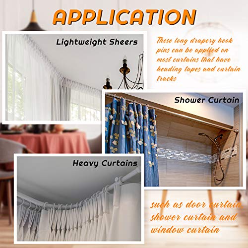 Metal Curtain Hooks Long Drapery Hook Pins 7cm by 1.8cm Stainless Steel Pin on Hooks with Clear Box for Window Curtain, Door Curtain and Shower Curtain, Silver (50 Pieces)