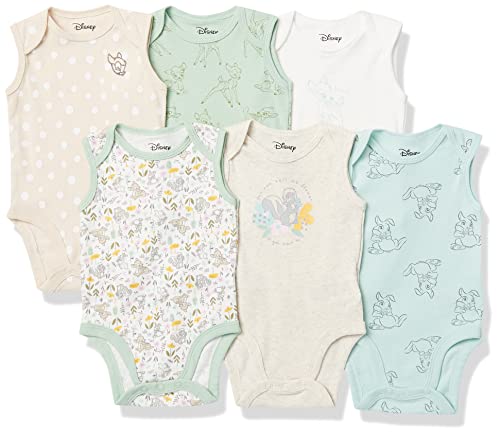 Amazon Essentials Disney | Marvel | Star Wars | Princess Baby Girls' Sleeveless Bodysuits, Pack of 6, Bambi Nature, 18 Months