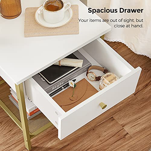 VASAGLE White Nightstand with Drawer, Bedside Table, End Table with Open Shelf, Modern Style for Bedroom, White and Gold ULET512A10