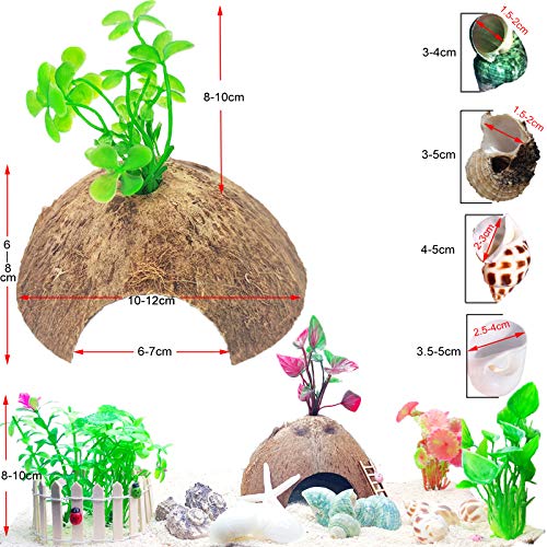 Hermit Crab Shells Natural Coconut Shell Hut Artificial Plants 19 PCS Decoration Supplies House Tank